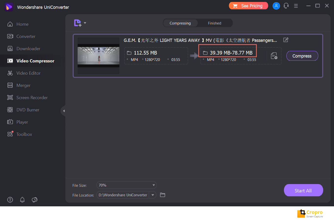 Wondershare Support Center - Why does the compressing target file size show an interval value?